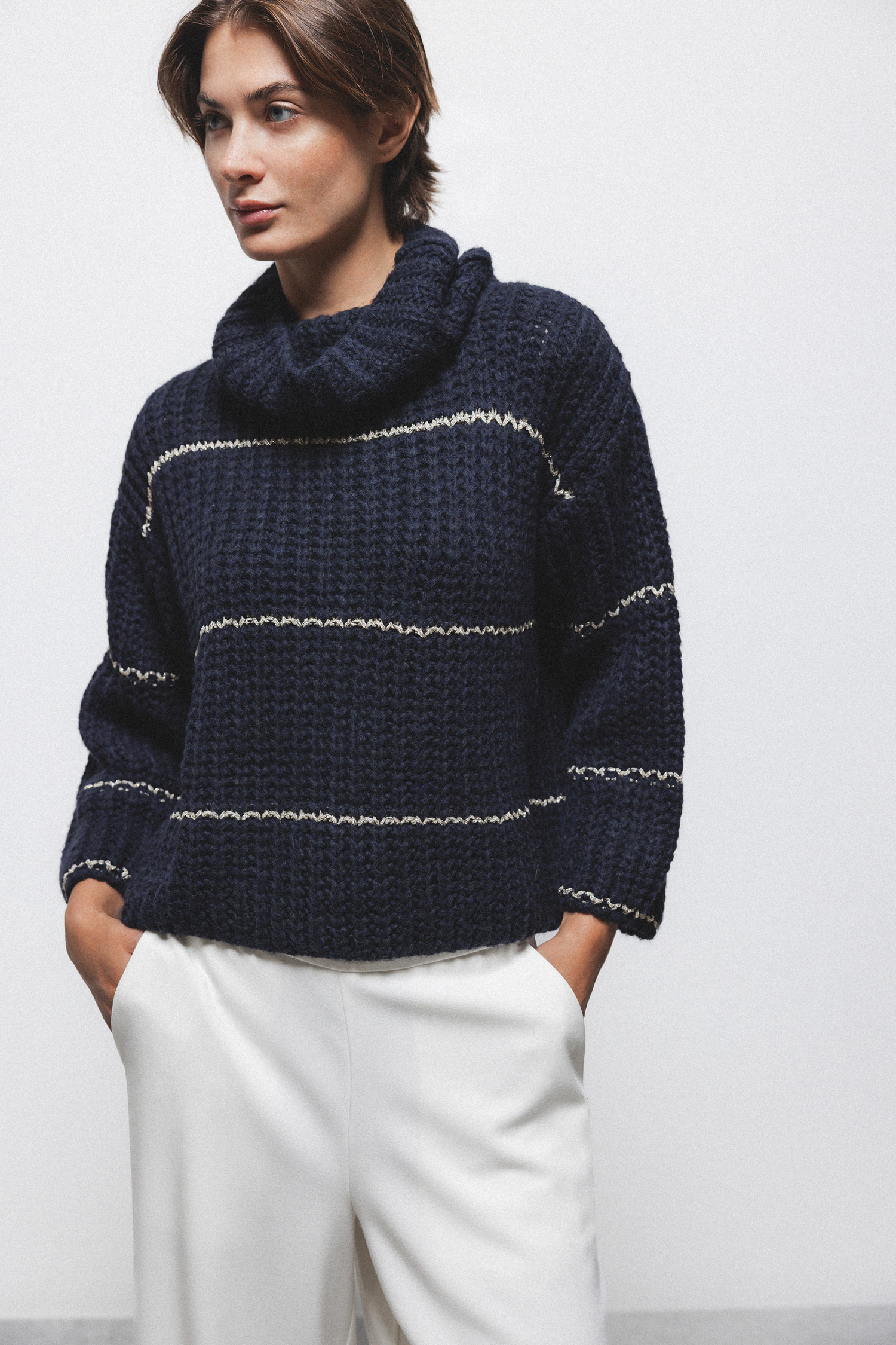 Camisola De Malha Às Riscas Azul Marinho para Mulher | LANIDOR